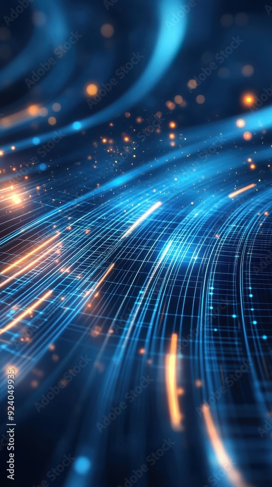 High-tech 3D loop with rotating digital grids and light flares ...