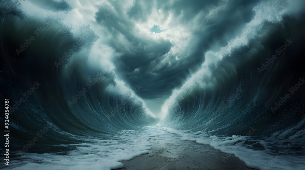 Sea separate up to form canal. Bible miracle of Moses parting red sea ...