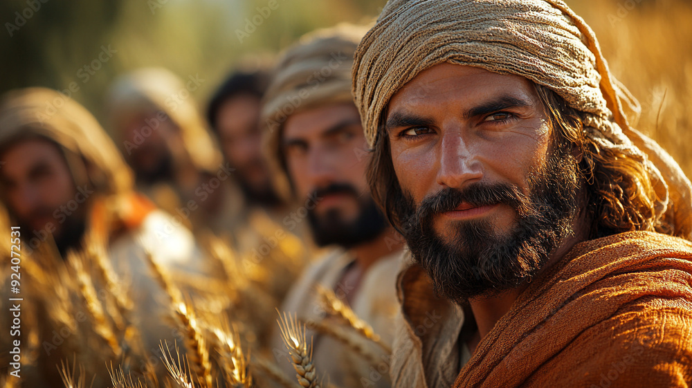 Jesus gathers ears of wheat. Jesus and the flock in a wheat field ...