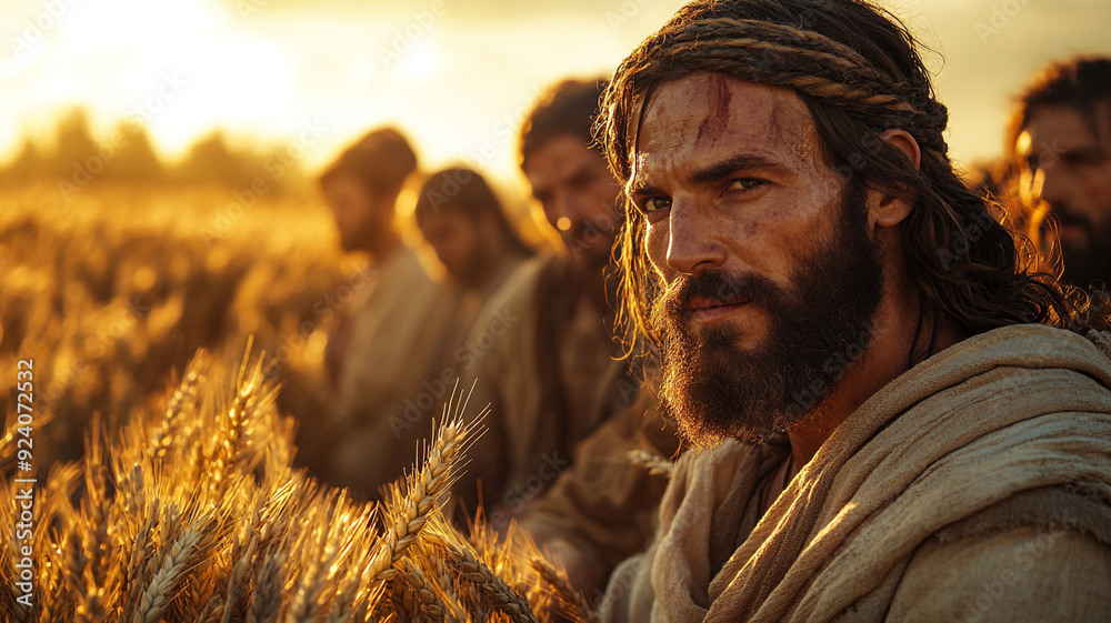 Jesus gathers ears of wheat. Jesus and the flock in a wheat field ...