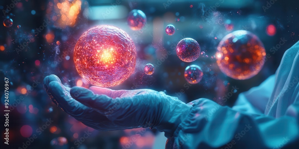 Scientist in a lab coat nurturing a glowing rare disease cell, with ...