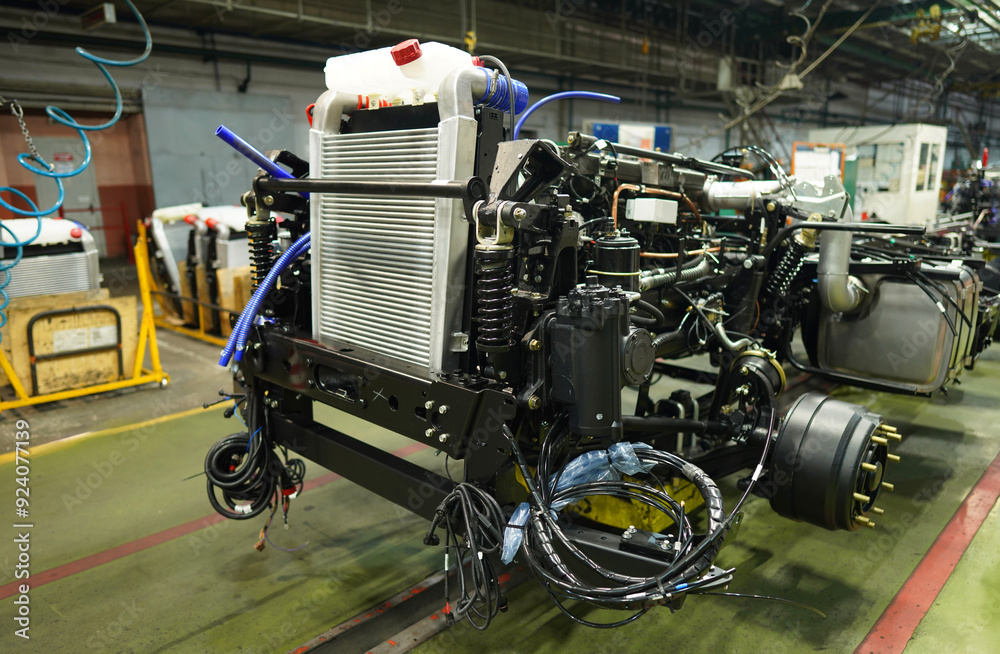 Truck production line. Assembly line. Engine install on frame of Wheel ...