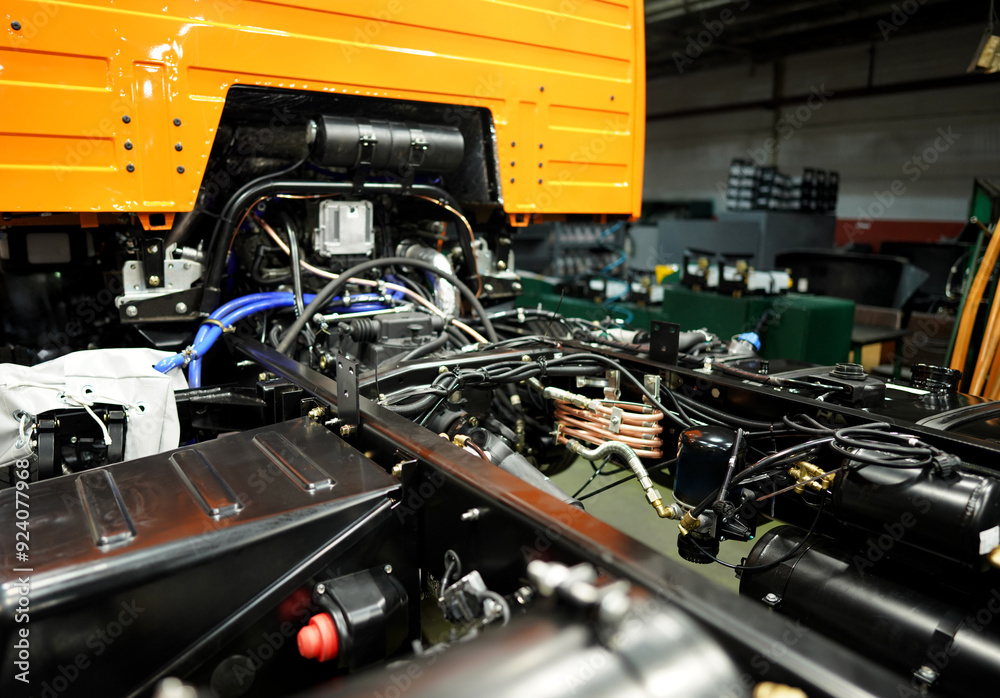 Truck production line. Workshop production of Heavy duty trucks. Trucks ...
