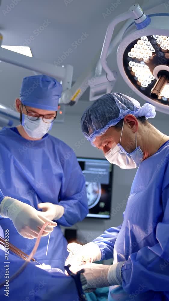 Surgical team cooperating at neurological operation. Neurosurgery at ...