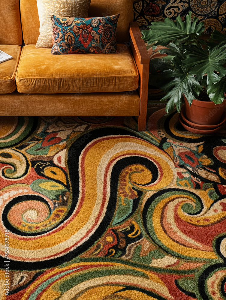retro 70s carpet pattern with bold, swirling paisley designs in warm tones of burnt sienna ...