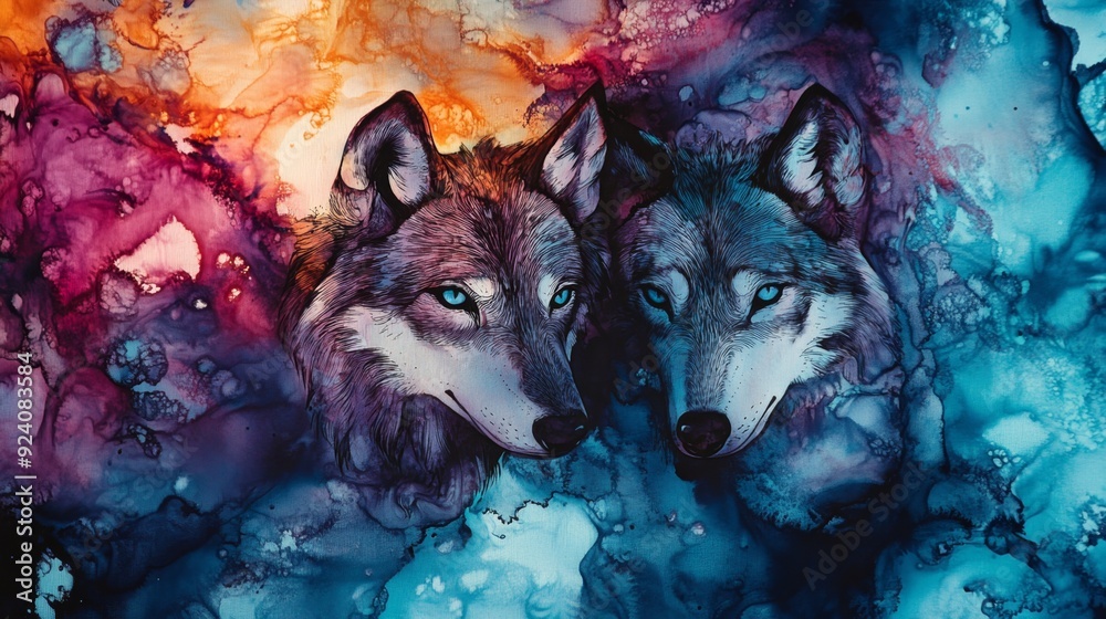 Psychedelic Wolves in Ink, vibrant wolves emerge from a dark, saturated ...