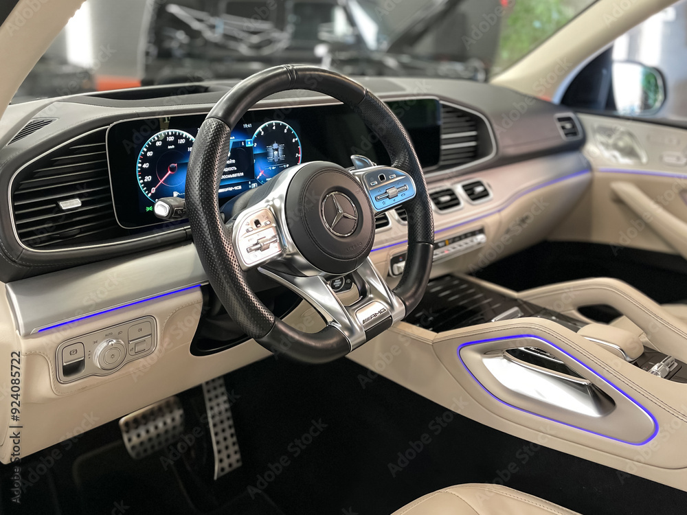 Mercedes GLE 53 AMG -Steering wheel and dashboard. The modern interior ...
