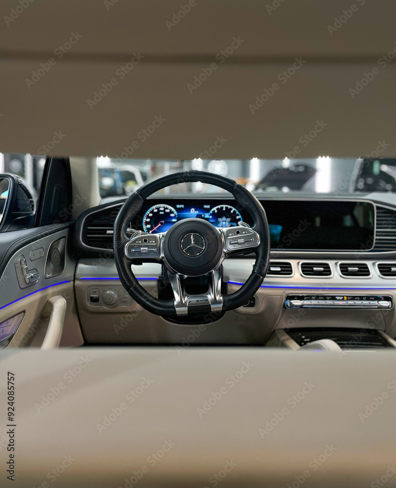 Mercedes GLE 53 AMG -Steering wheel and dashboard. The modern interior ...