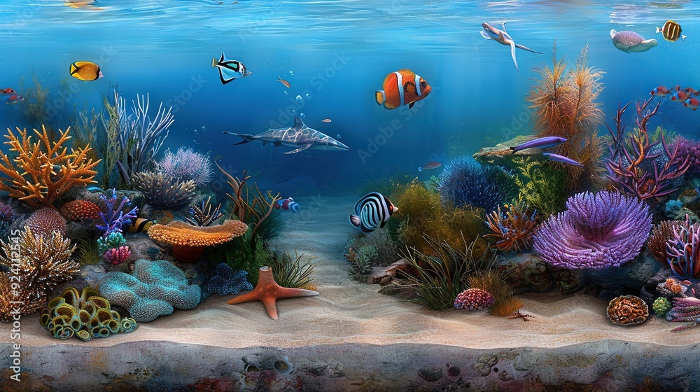 A vibrant underwater painting showcases a bustling aquatic ecosystem ...