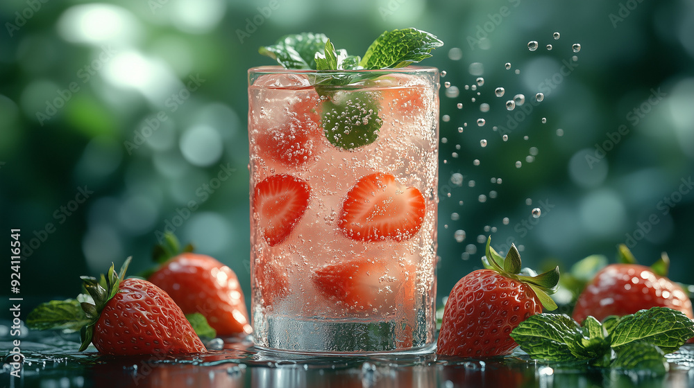 Cocktail estival : fraises fraîches en verre, avec un jus rouge et ...
