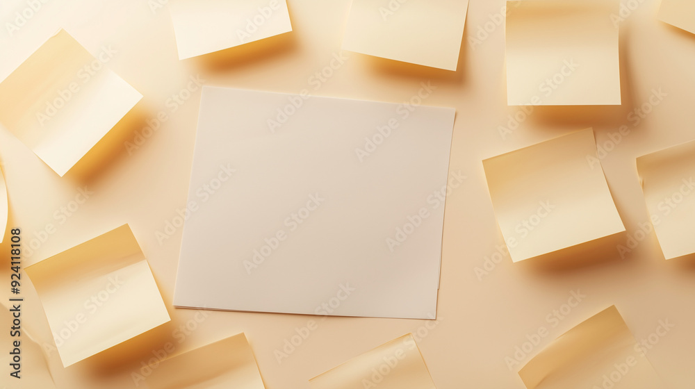 Blank sticky notes are scattered around a central blank sheet on a ...