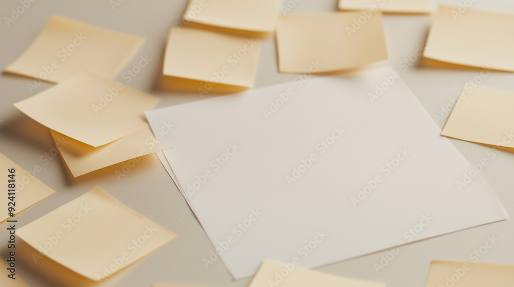 blank sticky notes spread around a central blank sheet, set against a ...