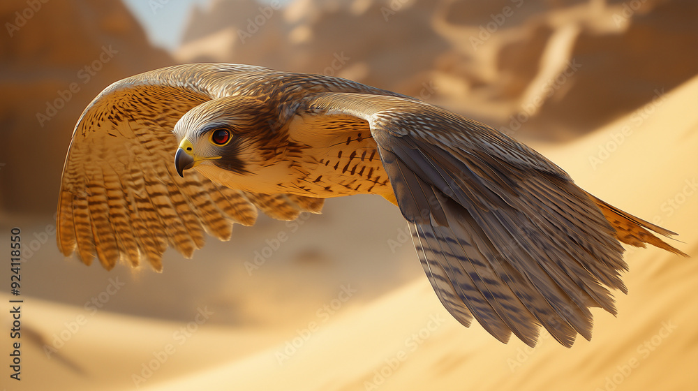 Dans le ciel, un faucon aux ailes déployées survole la nature, ses yeux ...