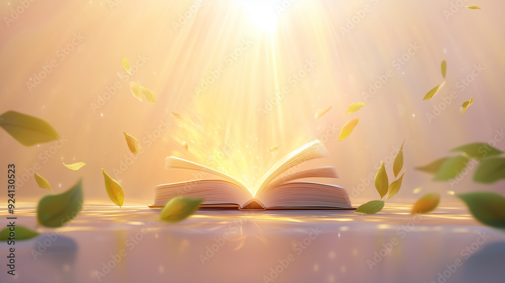 Illuminated book of wisdom: a glowing open book with rays of light and leaves, symbolizing ...