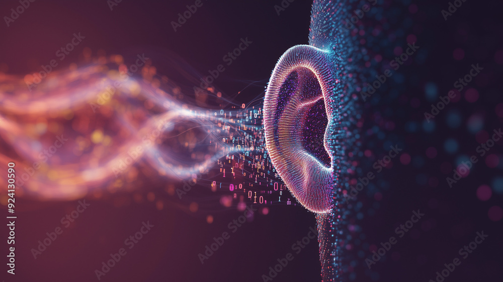 Digital listening: abstract visualization of an ear receiving digital ...