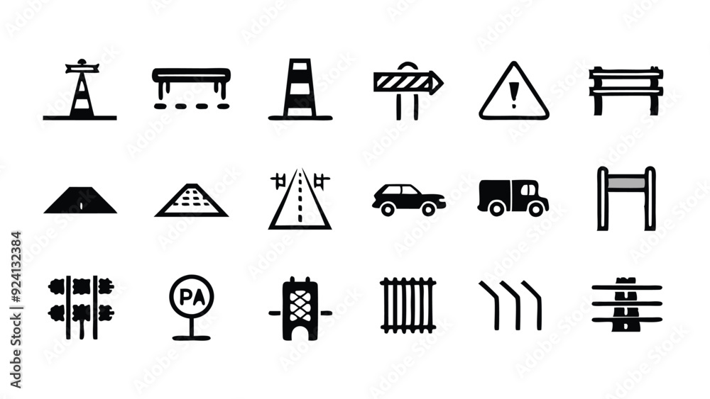Vetor de Set of black and white road line icons, including road signs ...