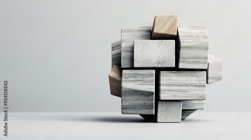 An artistic arrangement of various stone and wood blocks creates a ...