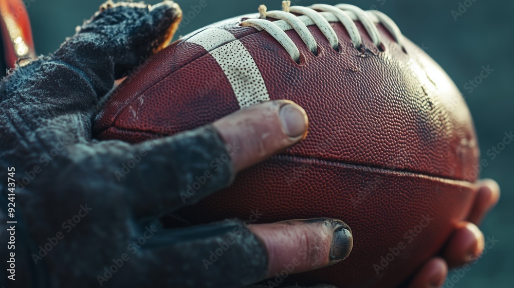 A close-up shows a football player gripping the ball, poised for a ...