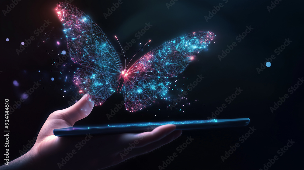 Abstract digital butterfly flying out from tablet computer, technology ...