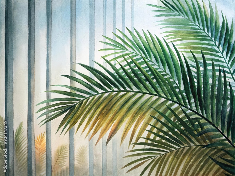 Green palm with reeded glass. Plant leaves. Pure aesthetic behind ...