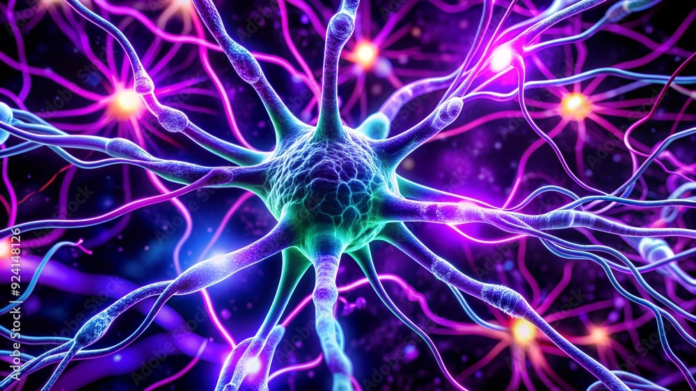 Depiction of a nerve cell or neuron with branching dendrites and the ...