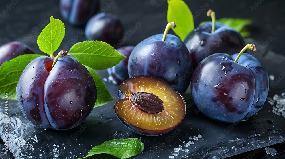 Juicy dark purple damson plums on a slate board, some halved to expose ...