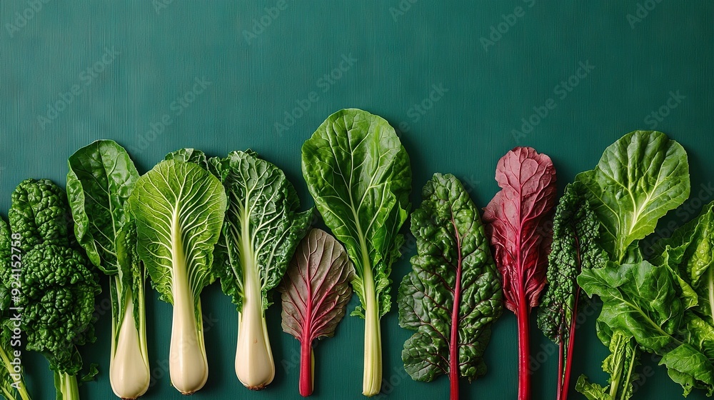 A lineup of green leafy vegetables with one red and one green in the ...