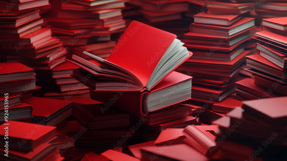 Red books appear and open one by one next to a pile of books, creating ...