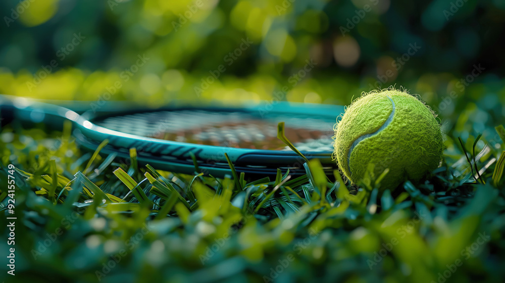 Sports background image for tennis. Outside closeup with ball, racket ...