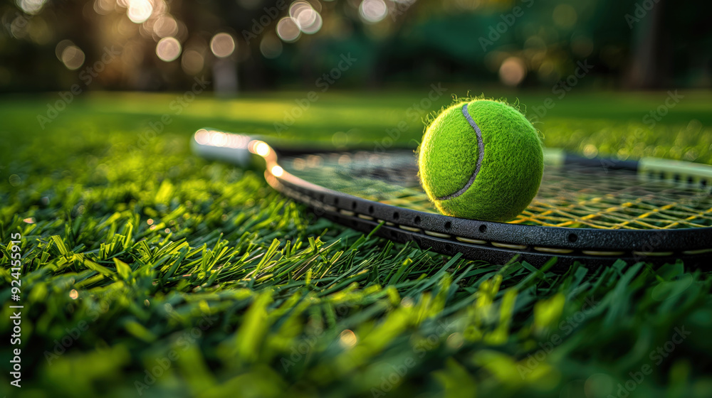 Sports background image for tennis. Outside closeup with ball, racket ...