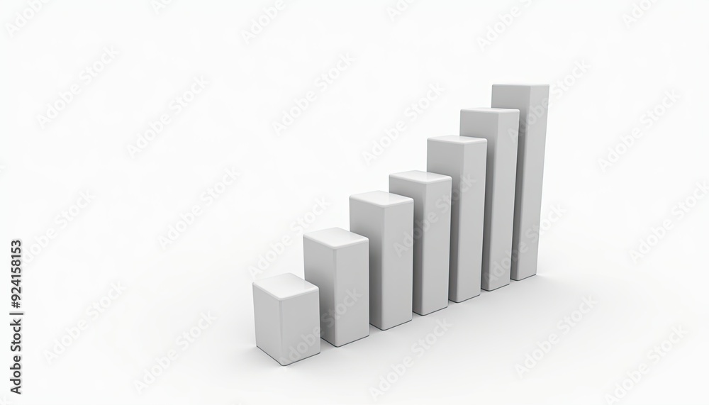 3D bar chart with six rectangular bars ascending in height from left to ...