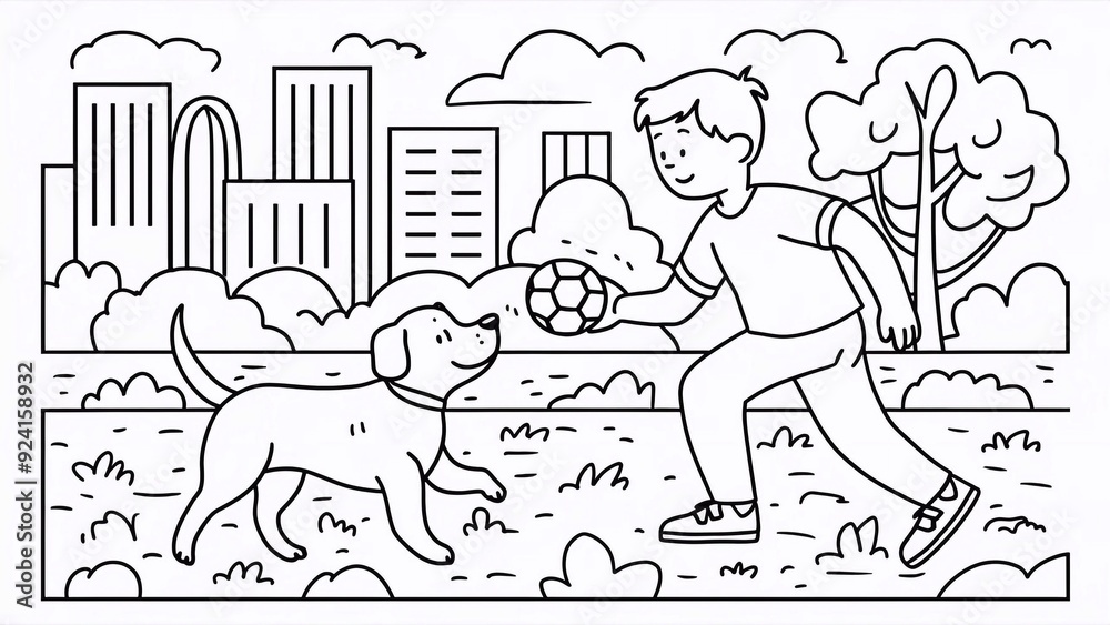 Coloring book A boy plays with his dog in a city park. Printable ...