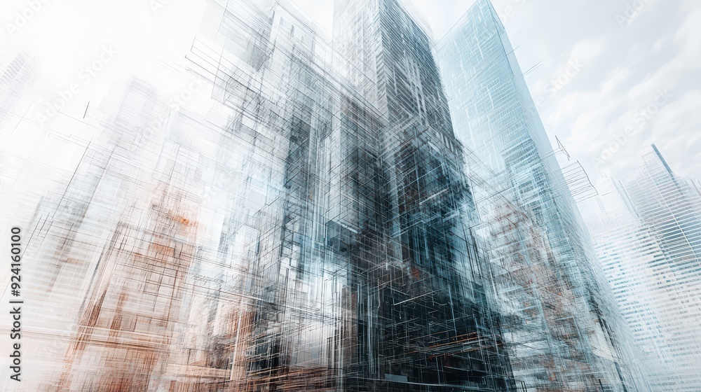 Completed skyscraper with transparent layers of its structural framework and architectural ...