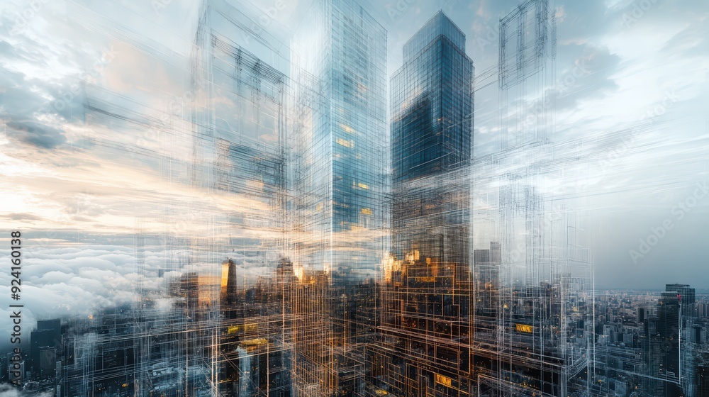 Completed skyscraper with transparent layers of its structural framework and architectural ...