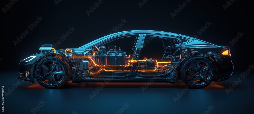 Electric car cross-section with labeled components, including cables ...
