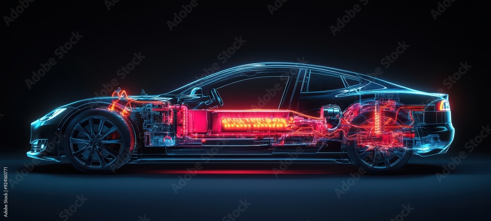 Electric car cross-section with labeled components, including cables ...