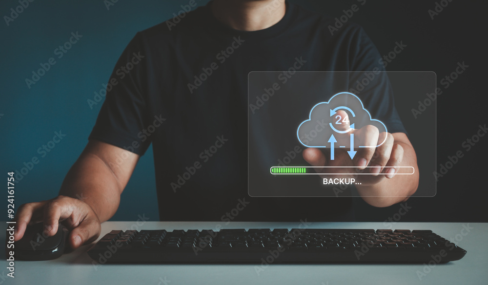 Cloud computing. Uploading process on computer screen. Cloud Data storage and processing. Backup ...
