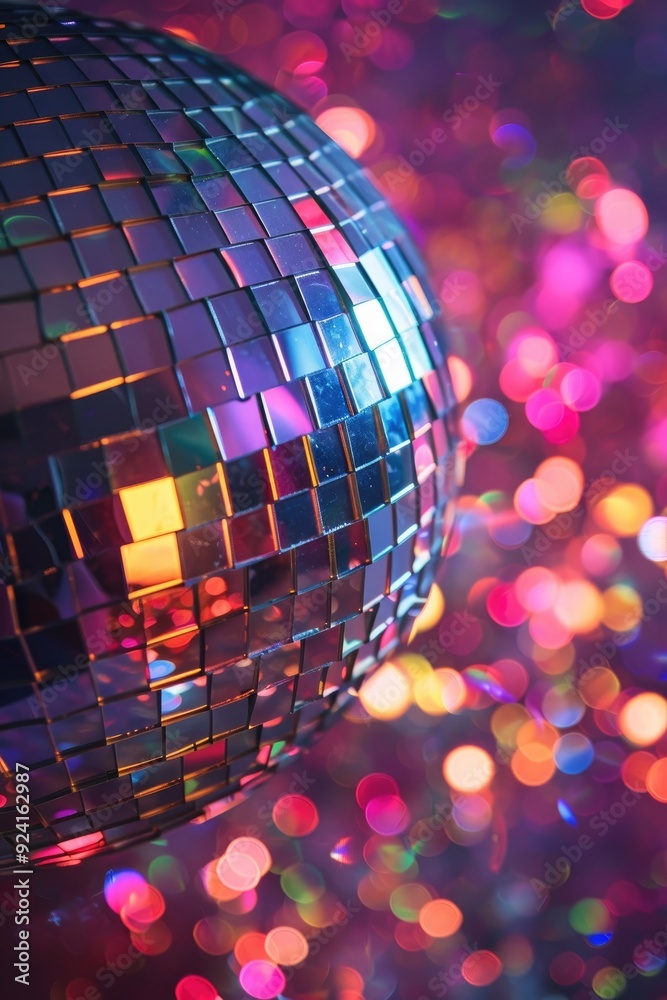 Close up photo of a disco ball with blurred colorful lights behind. 70s ...