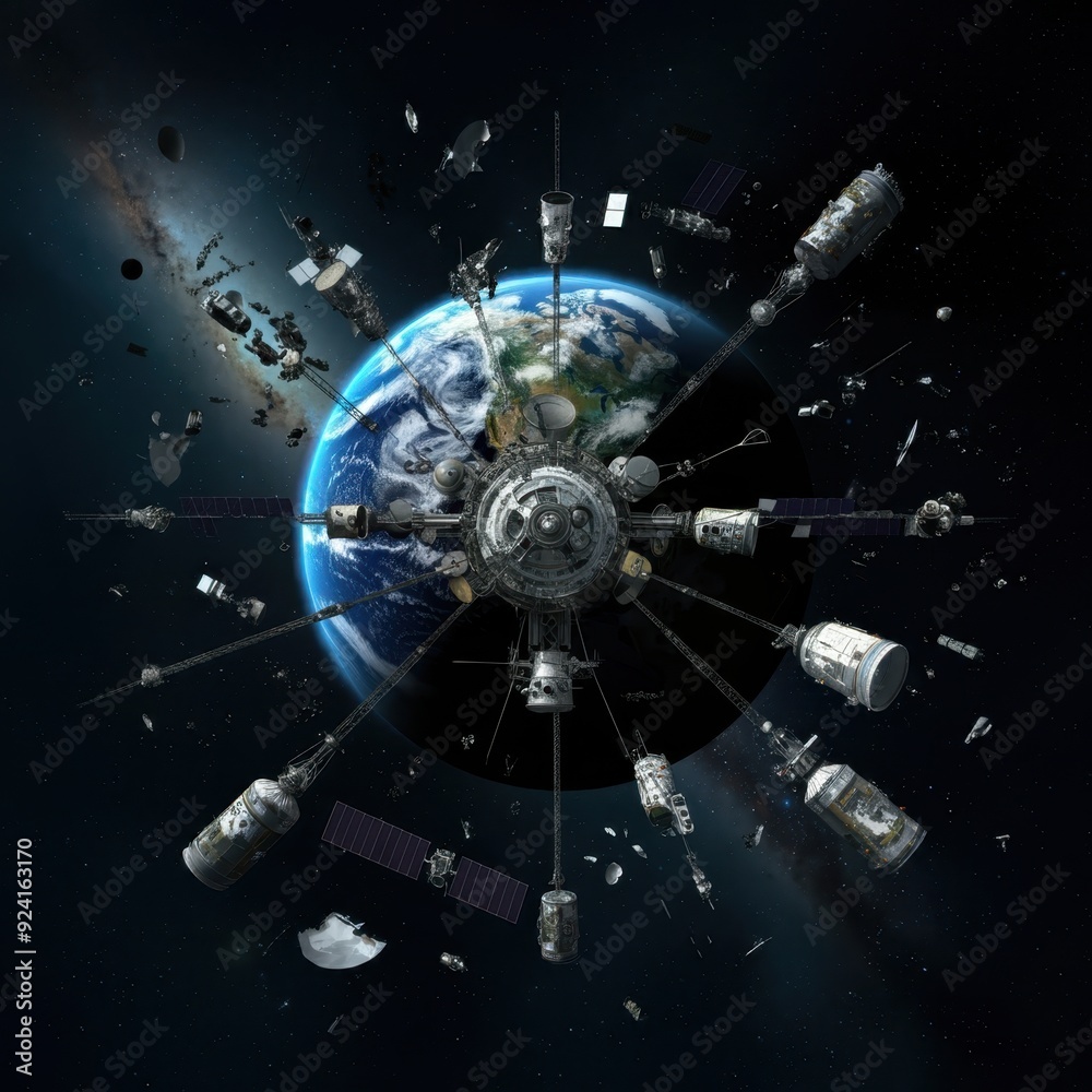 3D illustration of a cluster of space debris, junk and satellites ...