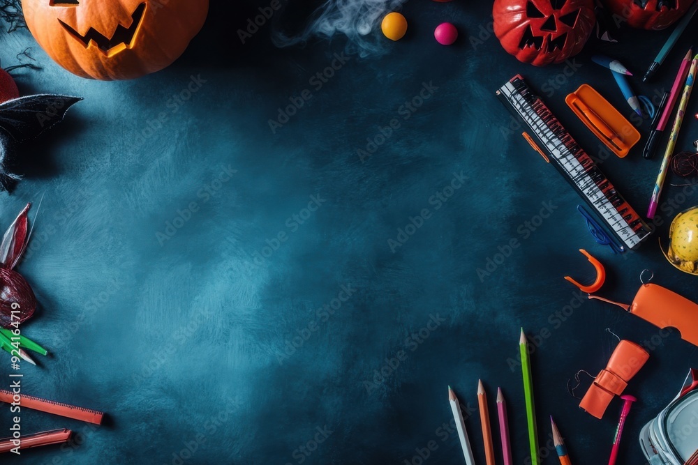 Halloween background, top view. Pumpkin and school supplies on dark ...