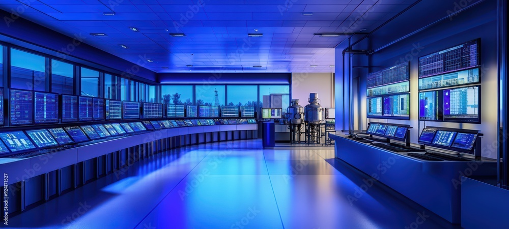 Water treatment facility's control room, featuring rows of monitors and ...
