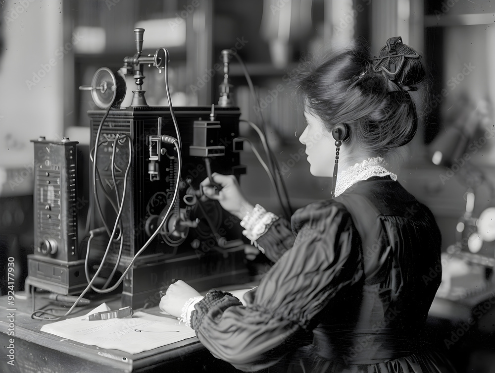 Vintage telegraph machine in use, person sending a message with ...
