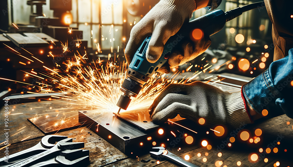 Intense metalwork captured as hands work an angle grinder, the ...