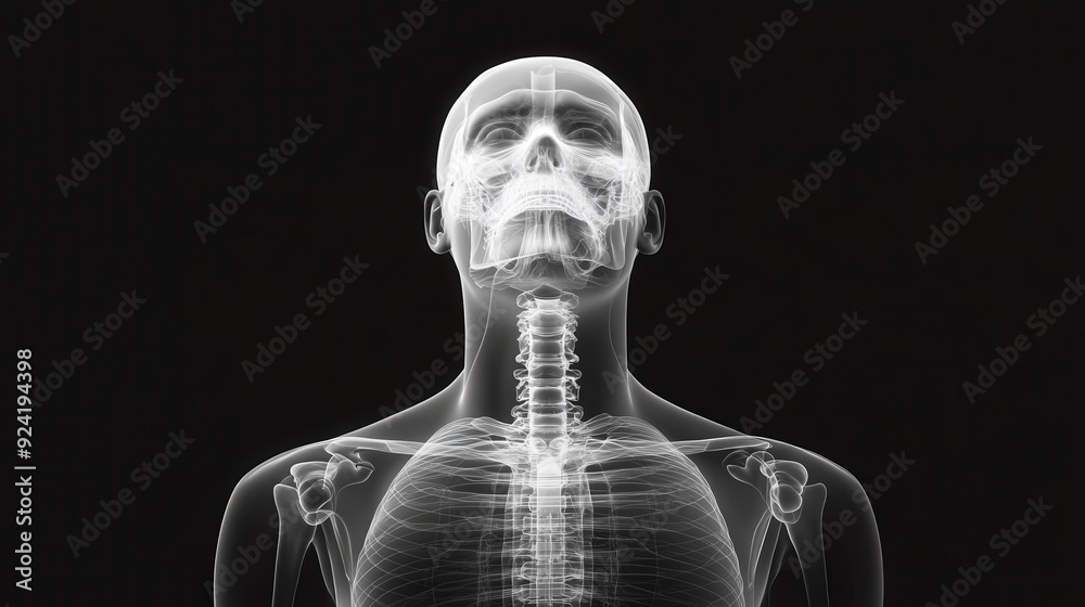 X-ray of upper half on human body, head neck shoulders , chest ...