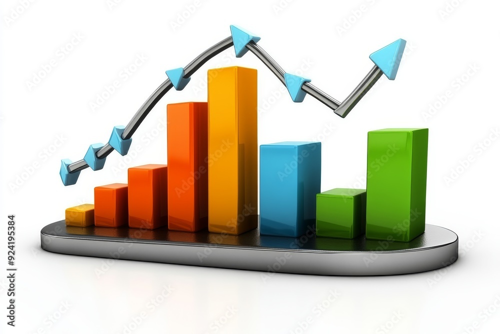 Multi colored bar graph with ascending blocks topped by a zigzag arrow ...