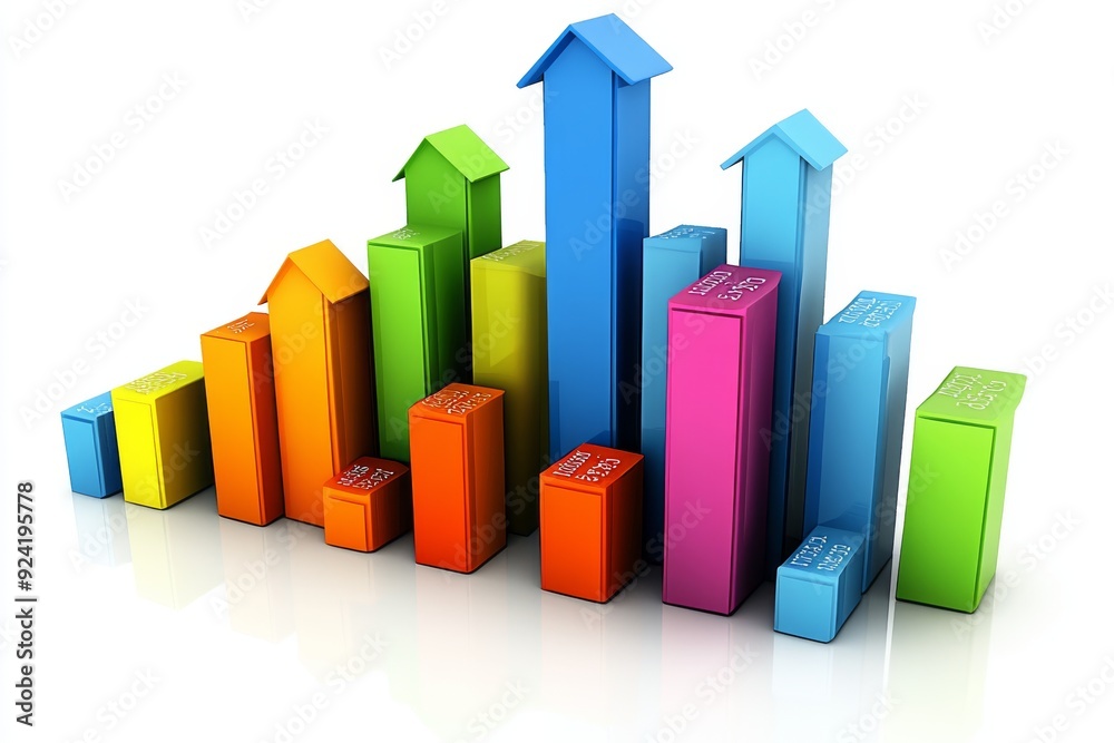 Colorful bar graph with ascending arrows representing growth success ...