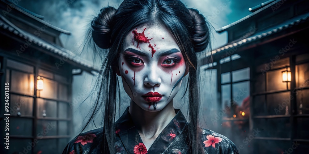 frightening portrait of a ghostly Asian woman with eerie makeup, set ...