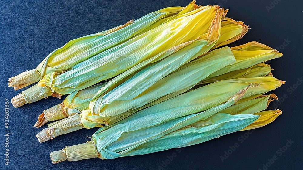A zoomed-in image of corn on the cob on a blue background with intact ...