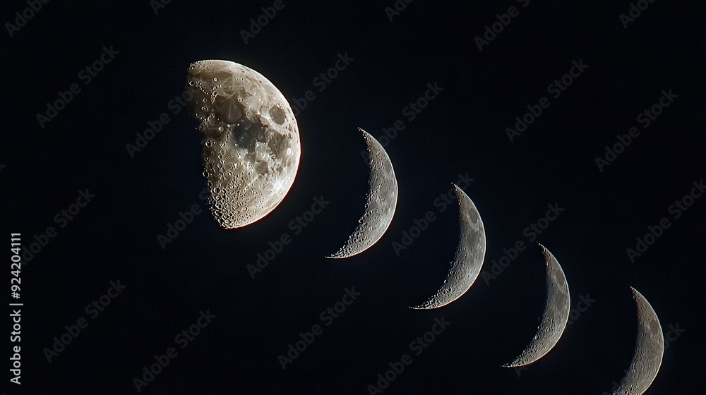 Three phases of the moon in the night sky with some clouds and half of ...