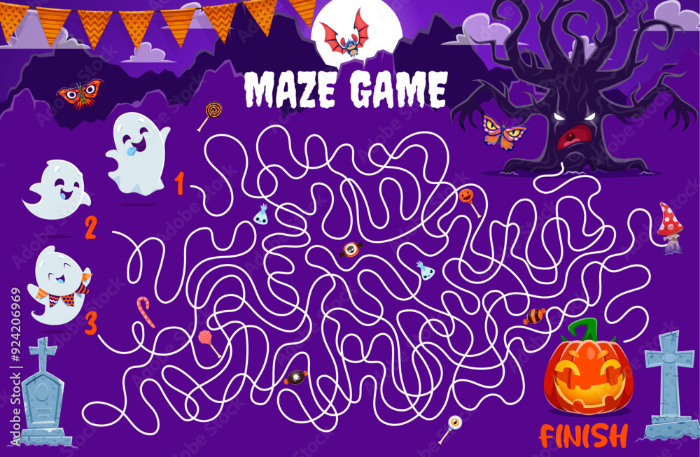 Halloween labyrinth maze quiz. Help to cute kawaii ghost to find a ...